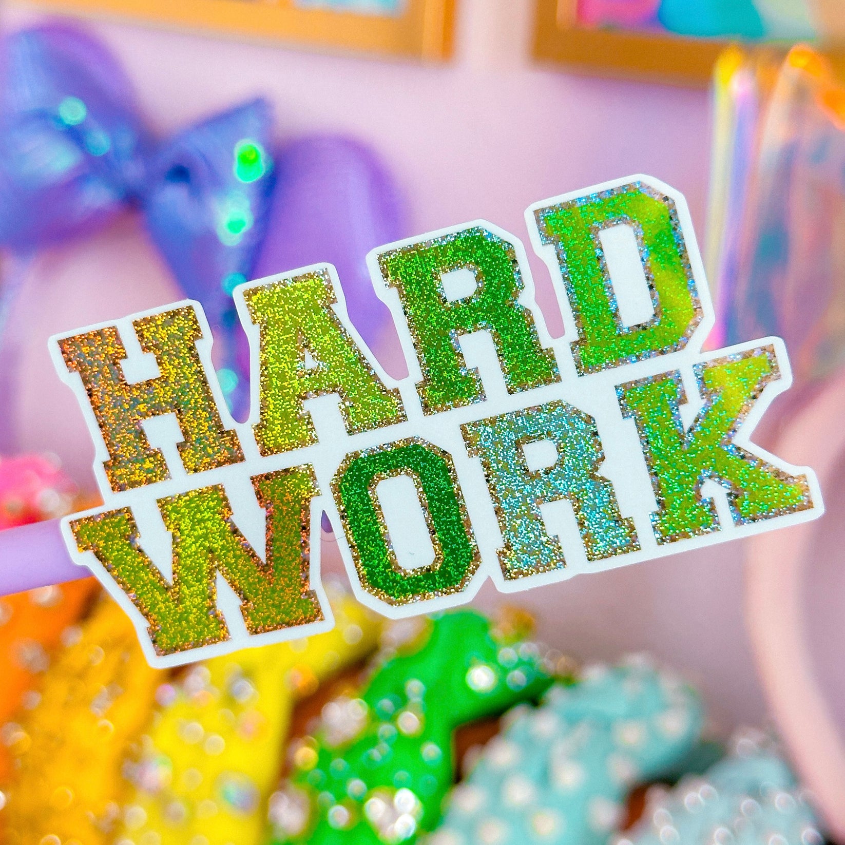 Glitter Waterproof Sticker - (Varsity Letter) Hard Work ...
